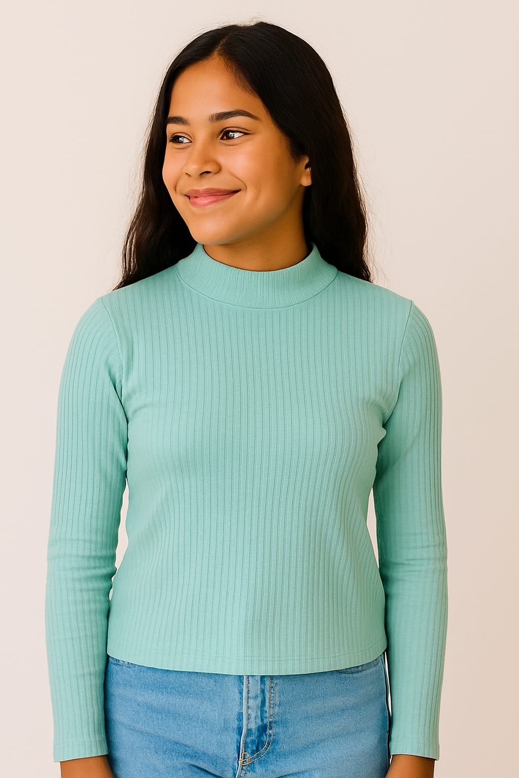 Blusa Menina Infantil Gola Alta Canelada Verde Piscina